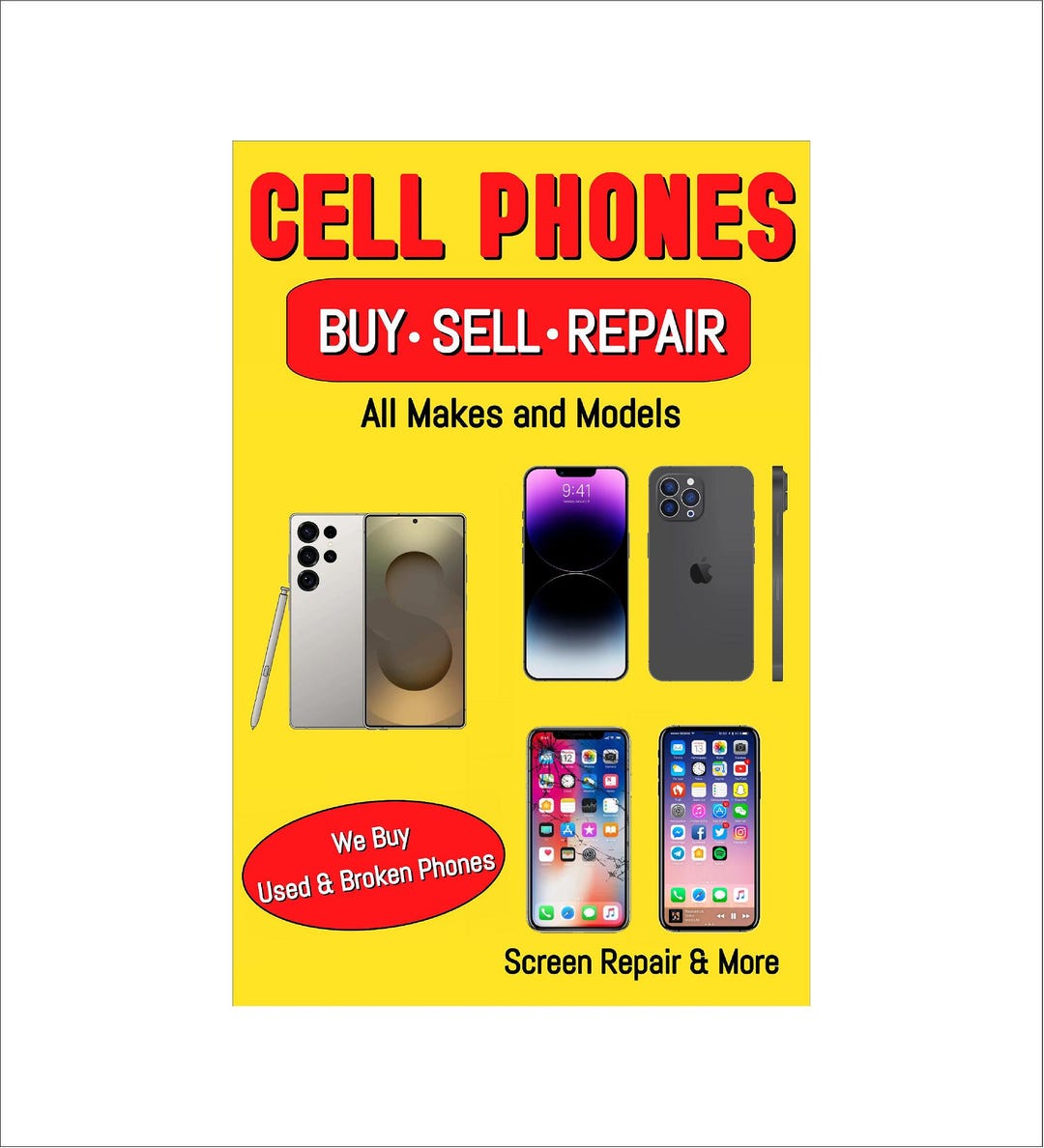 Cell Phones Buy Sell Repair, Screen Repair Advertising Poster Sign 24 ...