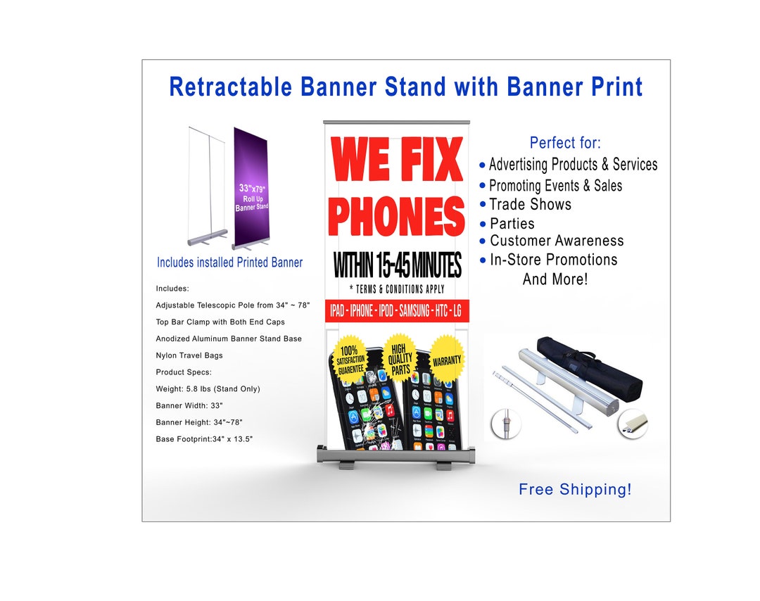 We Fix Phones Retractable Banner Stand Sign With 33"x 78" Banner Print ...