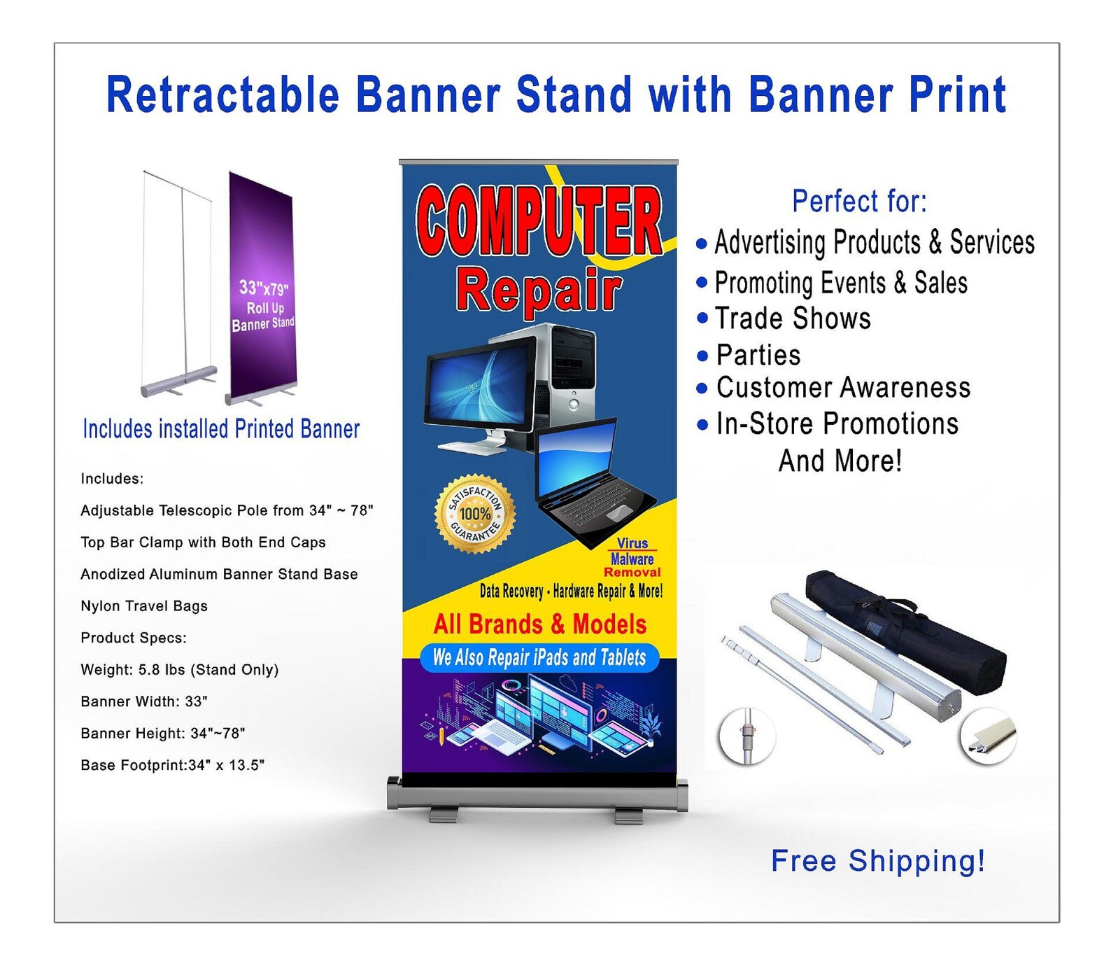 Computer Repair Sign Retractable Banner Stand Sign With 33x 78 Banner ...