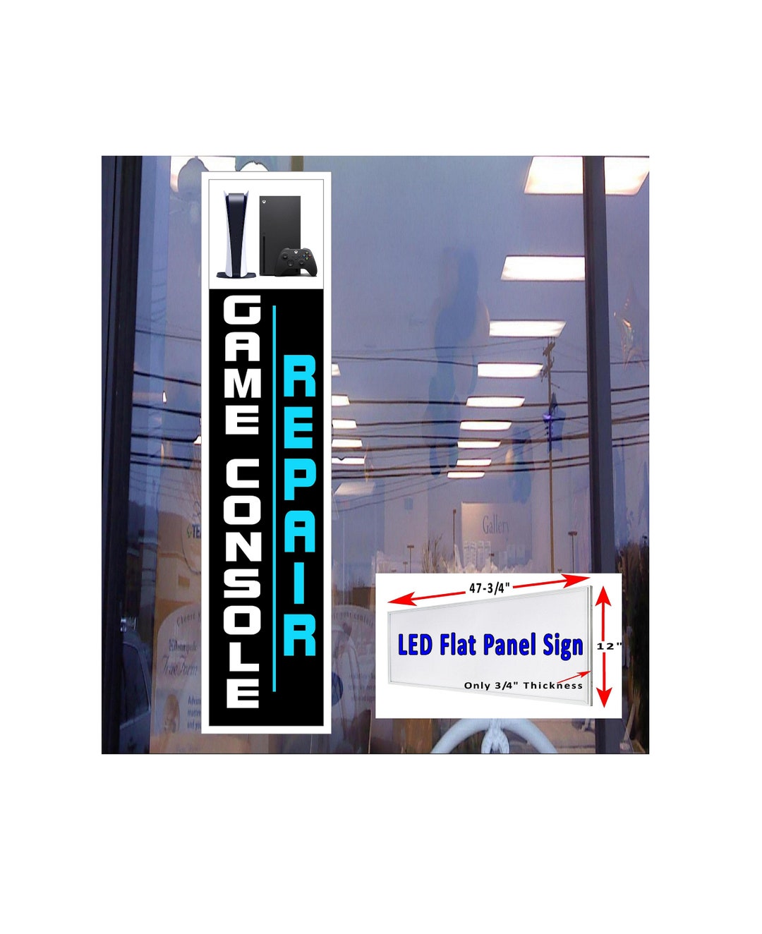 Game Console Repair Vertical Led Flat Panel Lightbox Window Sign 48"x12 ...
