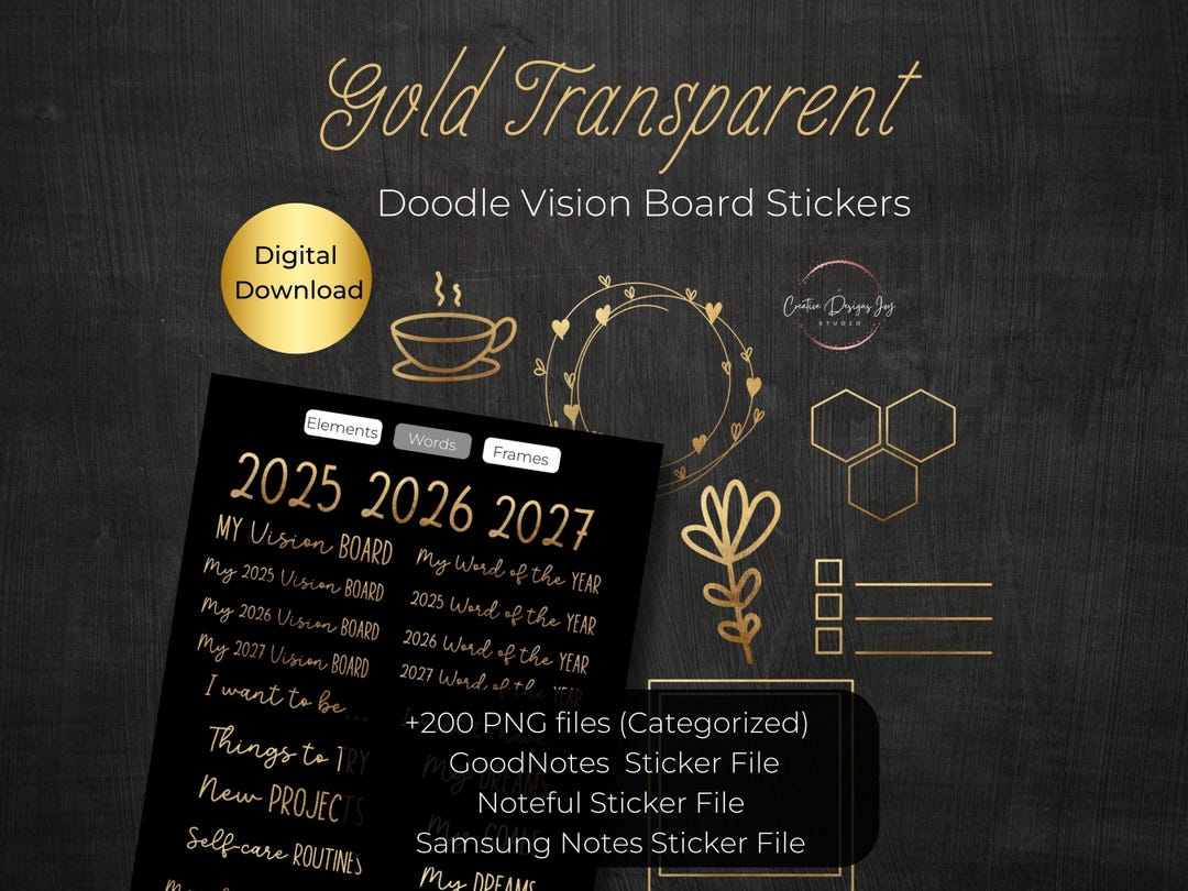 Gold Doodle Vision Board Stickers: Digital Planner (PNG, Goodnotes ...