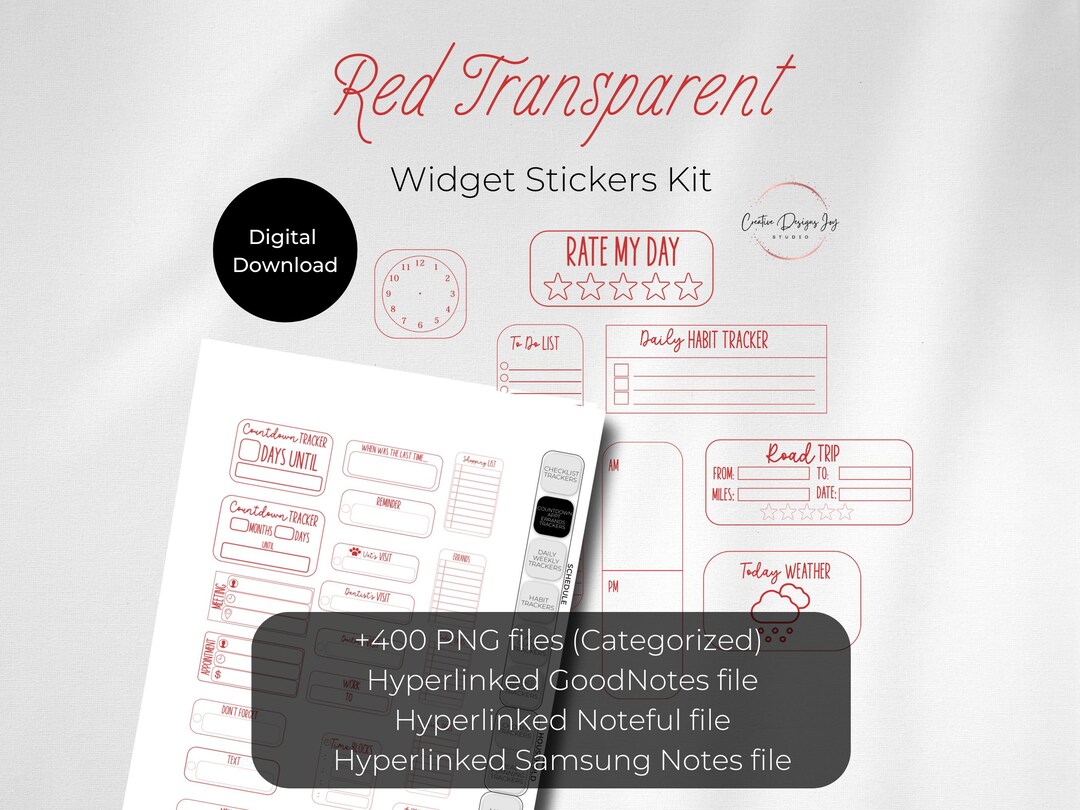 Red Transparent Widget Digital Stickers: PNG, Goodnotes, Noteful, and ...