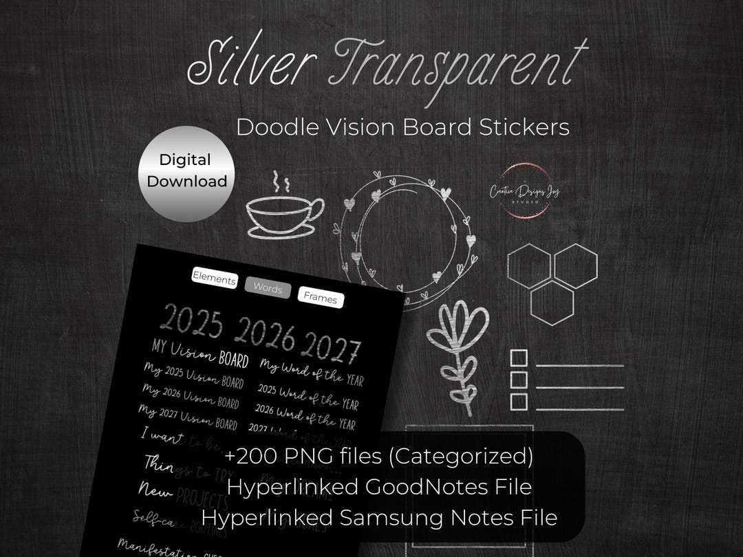 Hand Drawn Doodle Vision Board Stickers Silver Transparent Digital ...