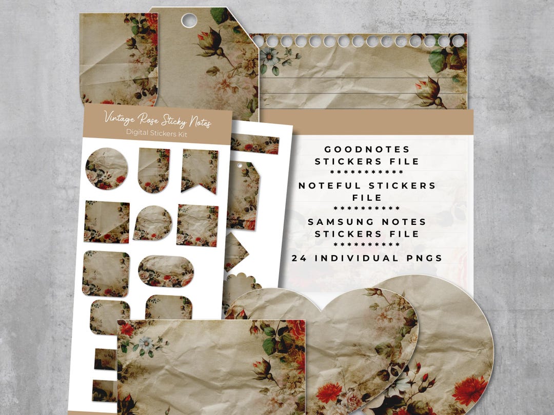 Realistic Sticky Notes, Vintage Rose, Digital Stickers, PNG, Goodnotes ...