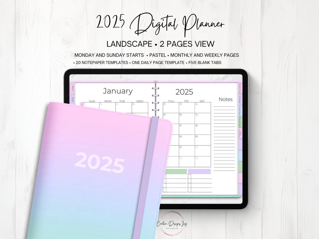 2025 Digital Planner, Landscape, Two Pages View, Monthly Weekly Planner ...