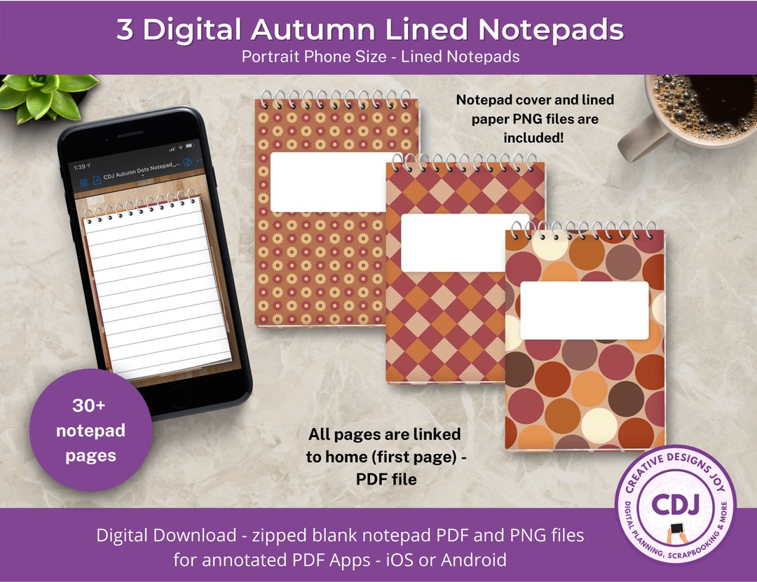 Digital Notepads, Lined Paper, Autumn Portrait Phone View - Etsy