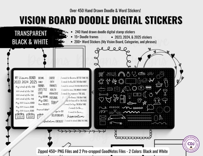 Hand Drawn Doodle Vision Board Stickers Transparent Black White Digital ...