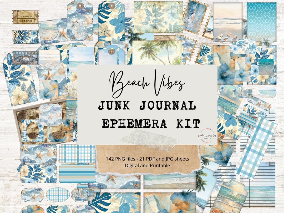 Beach Vibes Junk Journal Ephemera Kit: Printable Stamps, Tags (digital ...
