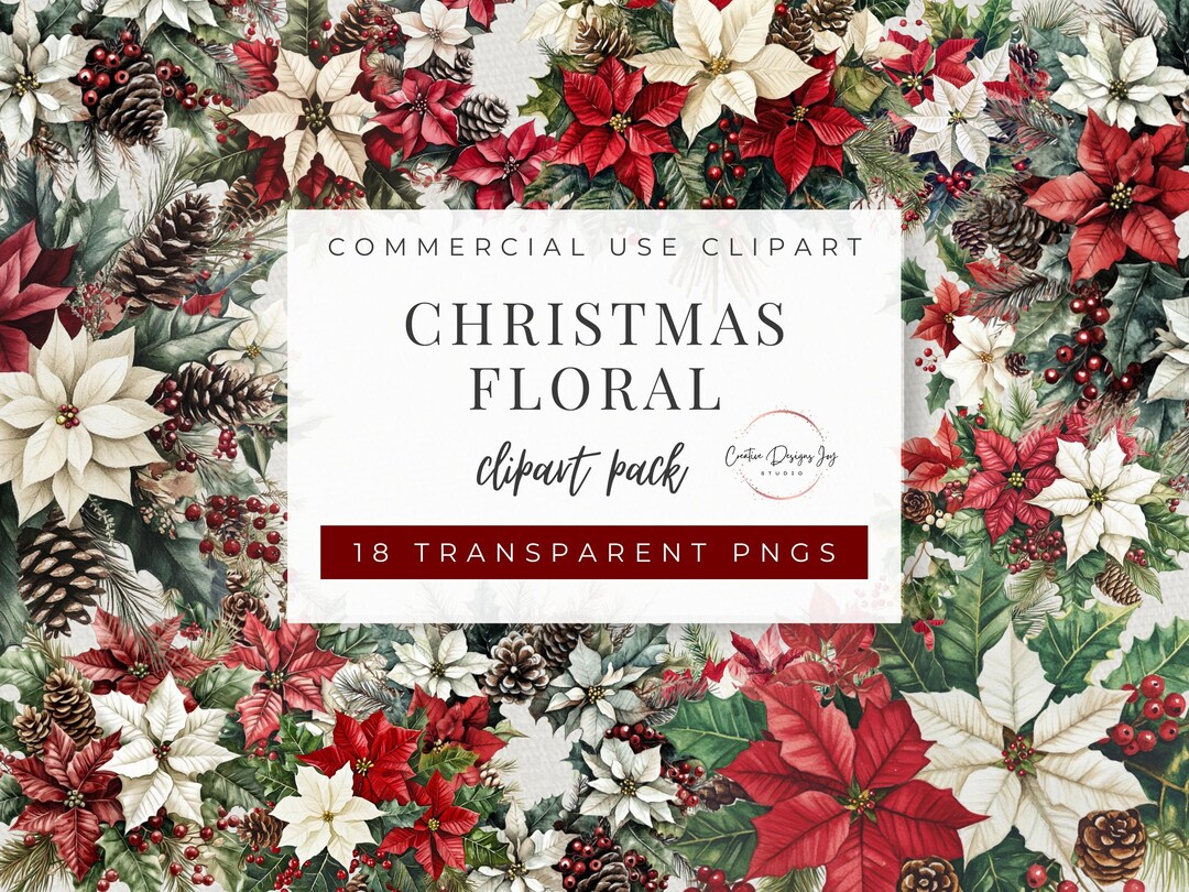 Christmas Floral Clipart Pack | 18 Transparent PNG Files | 300 DPI ...