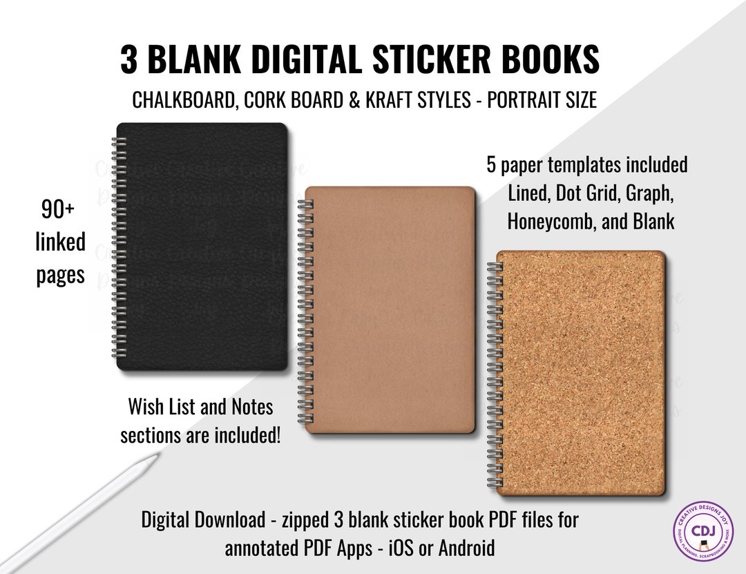 Digital Sticker Books, 3 Blank Sticker Books, Chalkboard, Cork Board ...