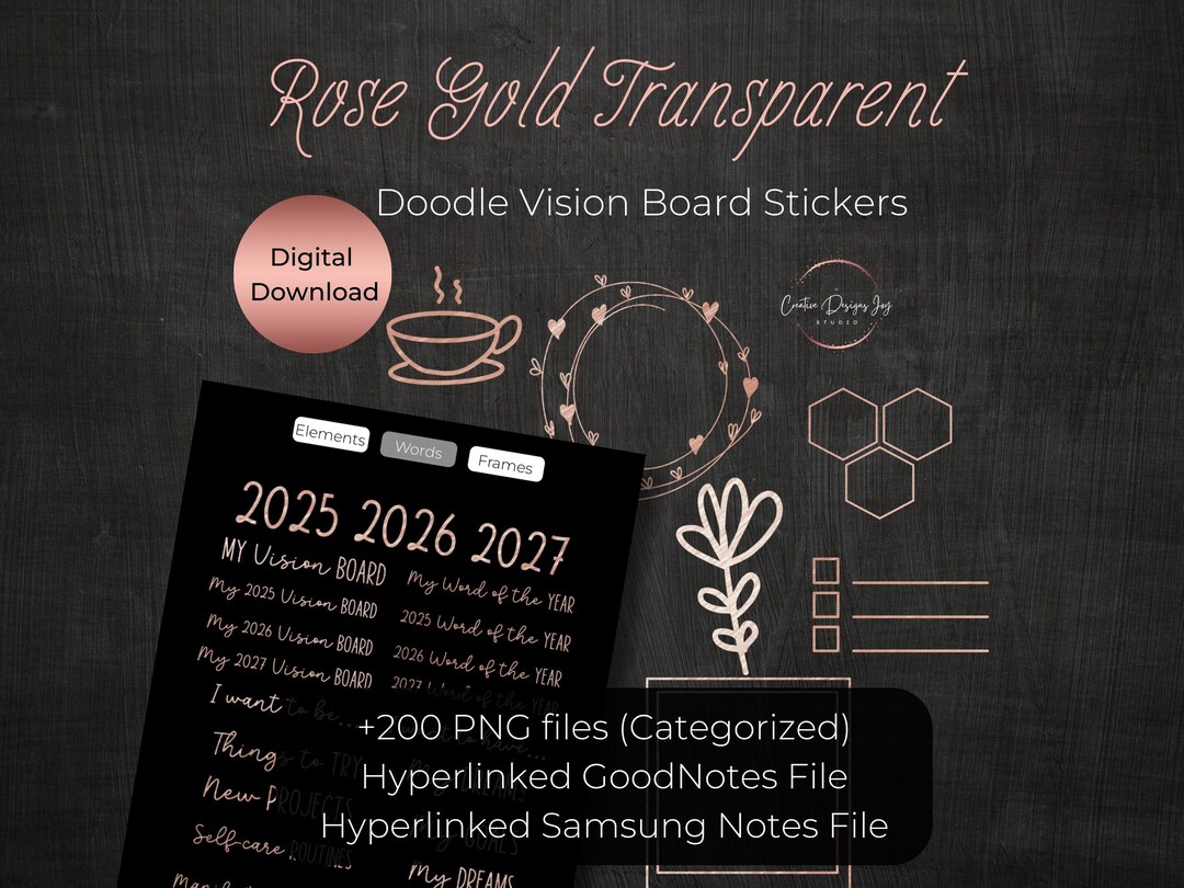 Hand Drawn Doodle Vision Board Stickers Rose Gold Transparent Digital ...