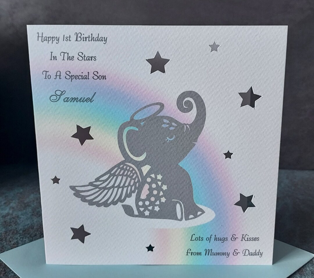 Handmade Personalised 1st Birthday in Heaven Card, Elephant in the ...