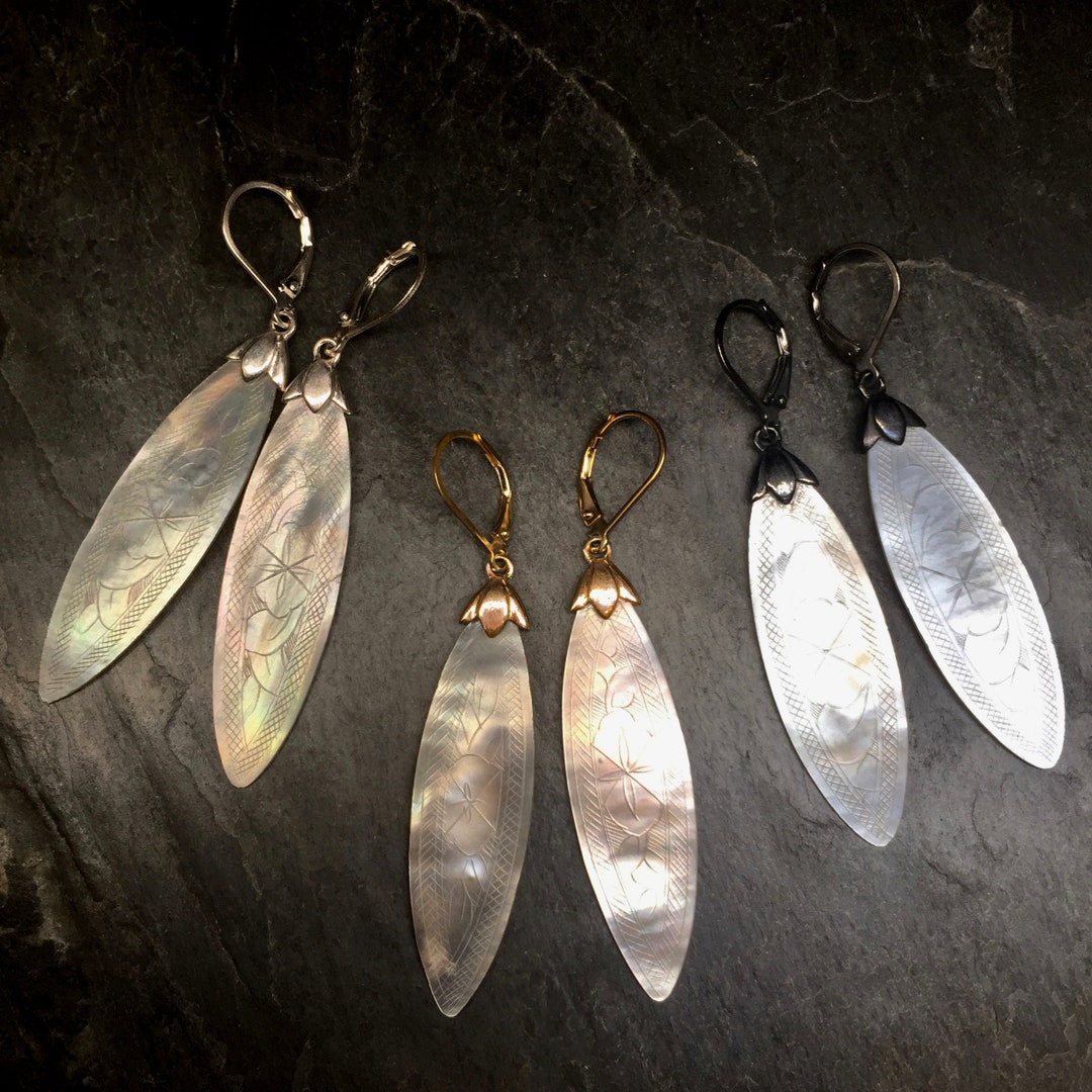 Mother of Pearl Earrings Antique Chinese Gaming Token Earrings 14k Gold ...