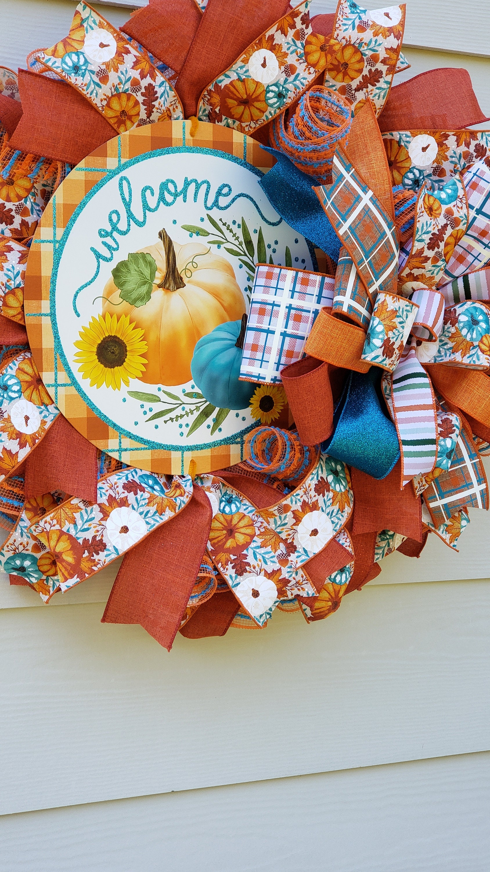 Welcome Fall Pumpkins Teal & Orange Thin Welcome Wreath - Etsy