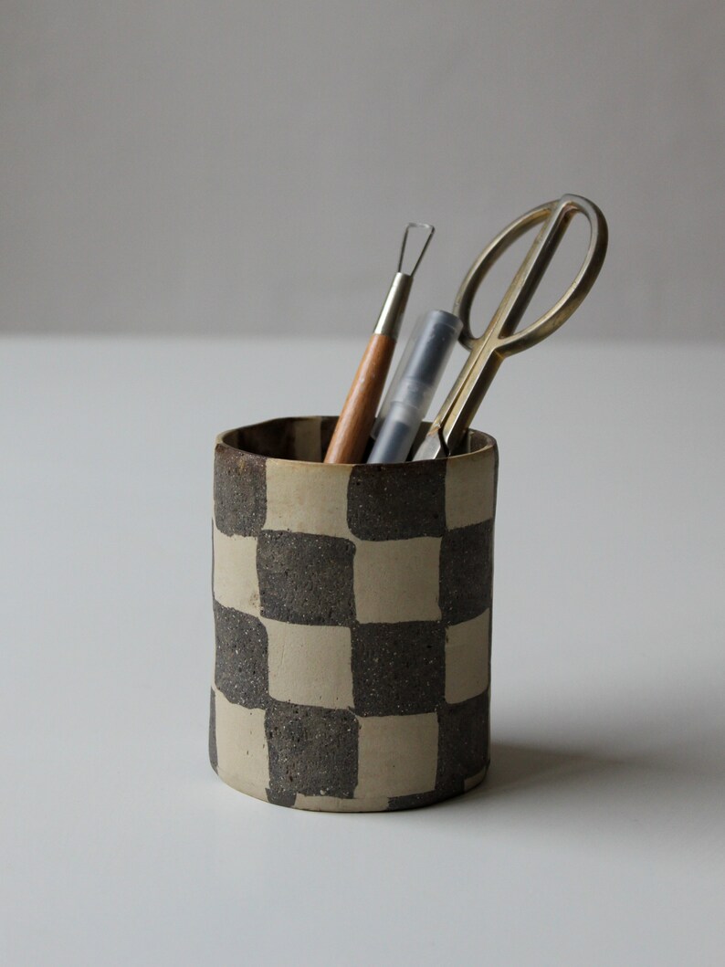 Small Checkerboard Pot / Checkered Ceramic Container / Ceramic Pen Pot ...