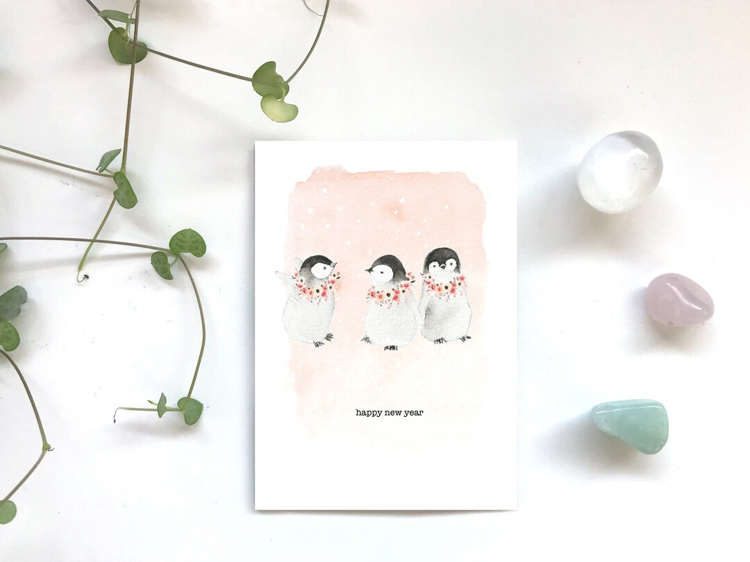 TINY GREETINGS CARD Tiny Watercolor Penguins happy New Year - Etsy