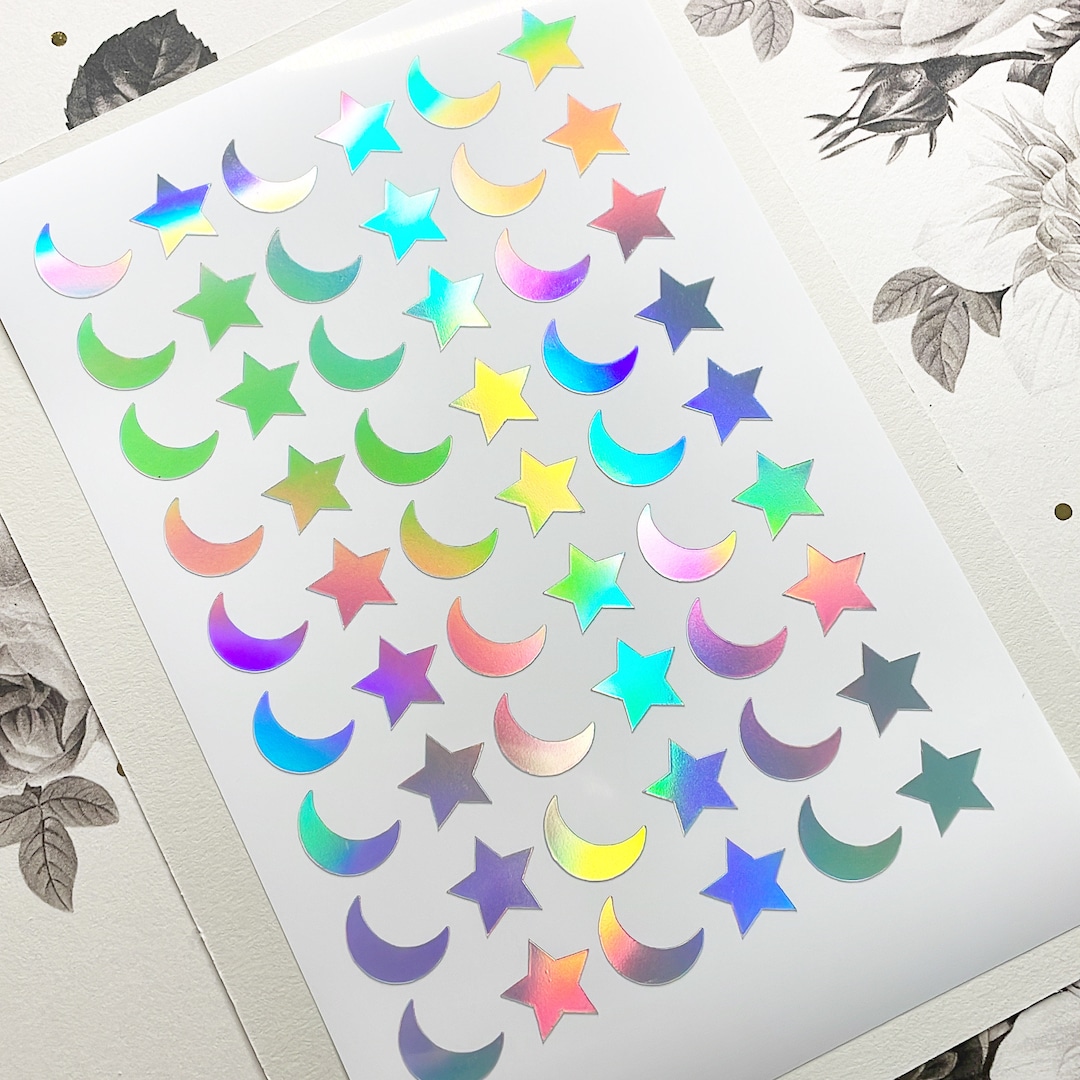 10mm Vinyl Holographic Moon and Star Stickers, Holographic Stars, Holo ...