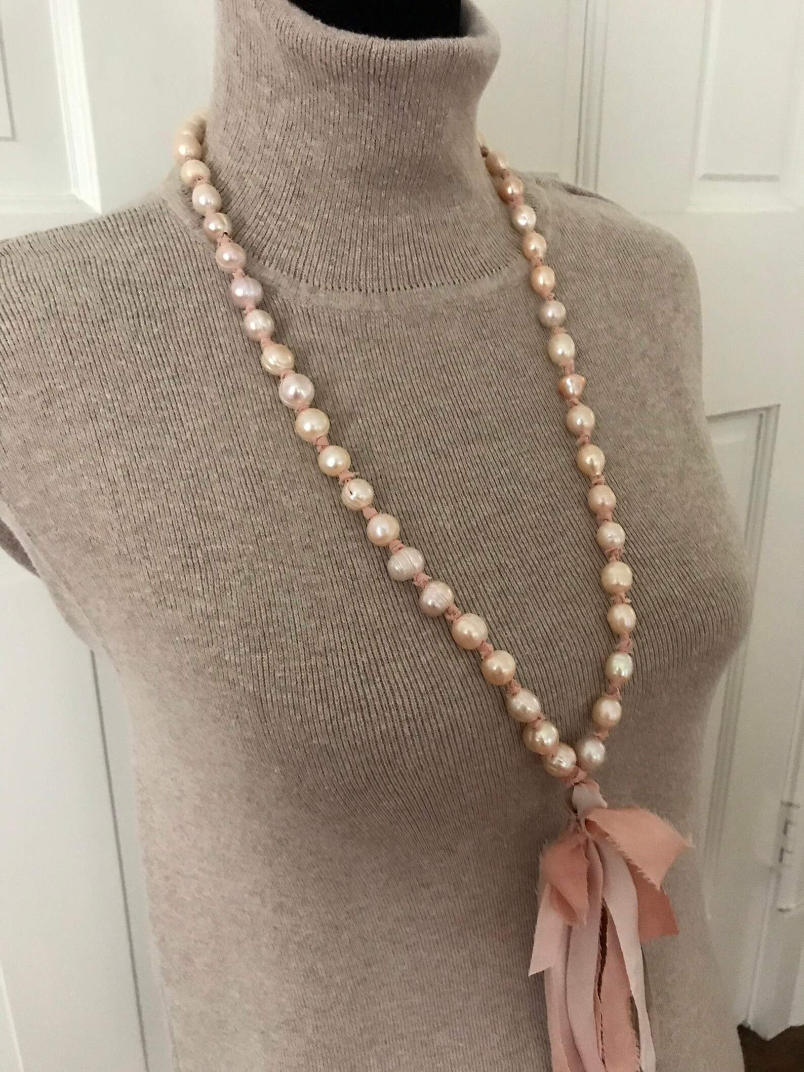 Pink Pearls on Silk Ribbon with Ribbon Tassel | Etsy