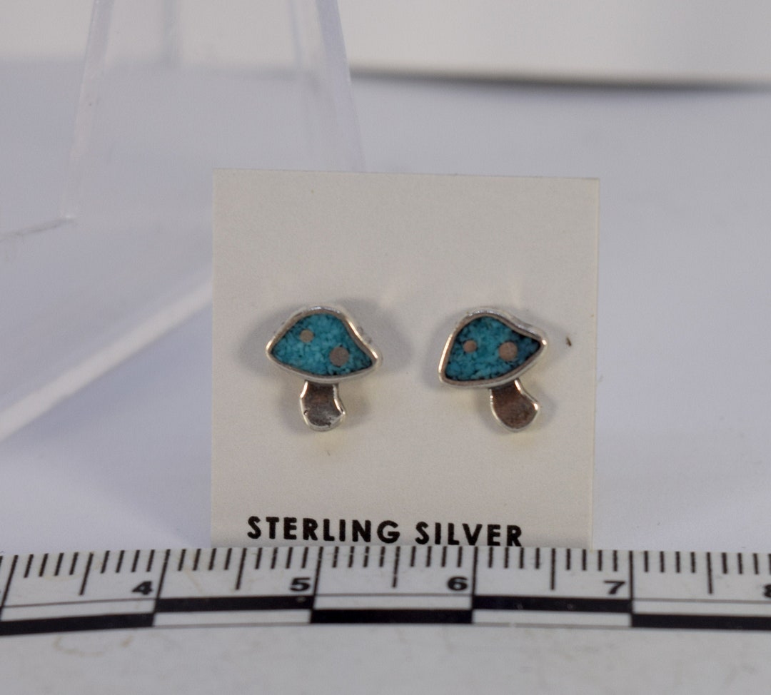 Toadstool Mushroom Earrings With Turquoise Inlay Sterling Silver Stud Earrings 7 Mm Wide - Etsy