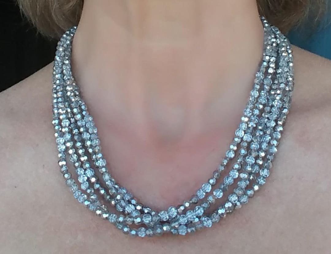 5 Strand Hand-beaded Czech Crystal Necklace, Sterling Silver + Crystal ...
