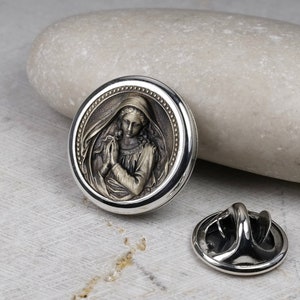 Virgin Mary Round Brooch Pin, Holy Mother Lapel Badge, Sterling Silver ...