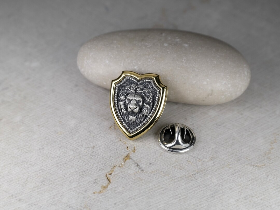Gold Plated Lion Head Shield Pin, Leo Zodiac Brooch, Lapel Badge ...