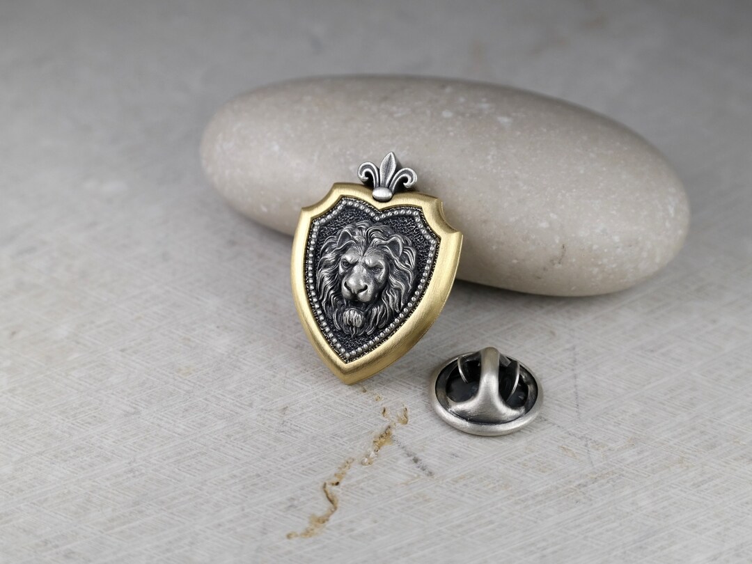 Lion Gold Plated Shield Pin With Fleur De Lis, Medieval Brooch, Lapel ...