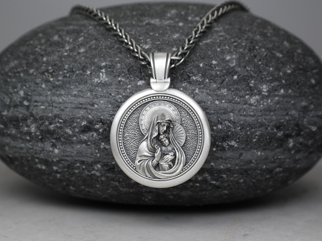 Virgin Mary and Baby Jesus Pendant, Holy Mother Necklace, 3.5mm Braided ...