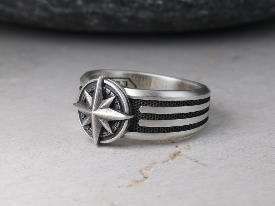 Compass Band Ring, North Star Band Ring, Compass Rose Ring, Silver Band ...