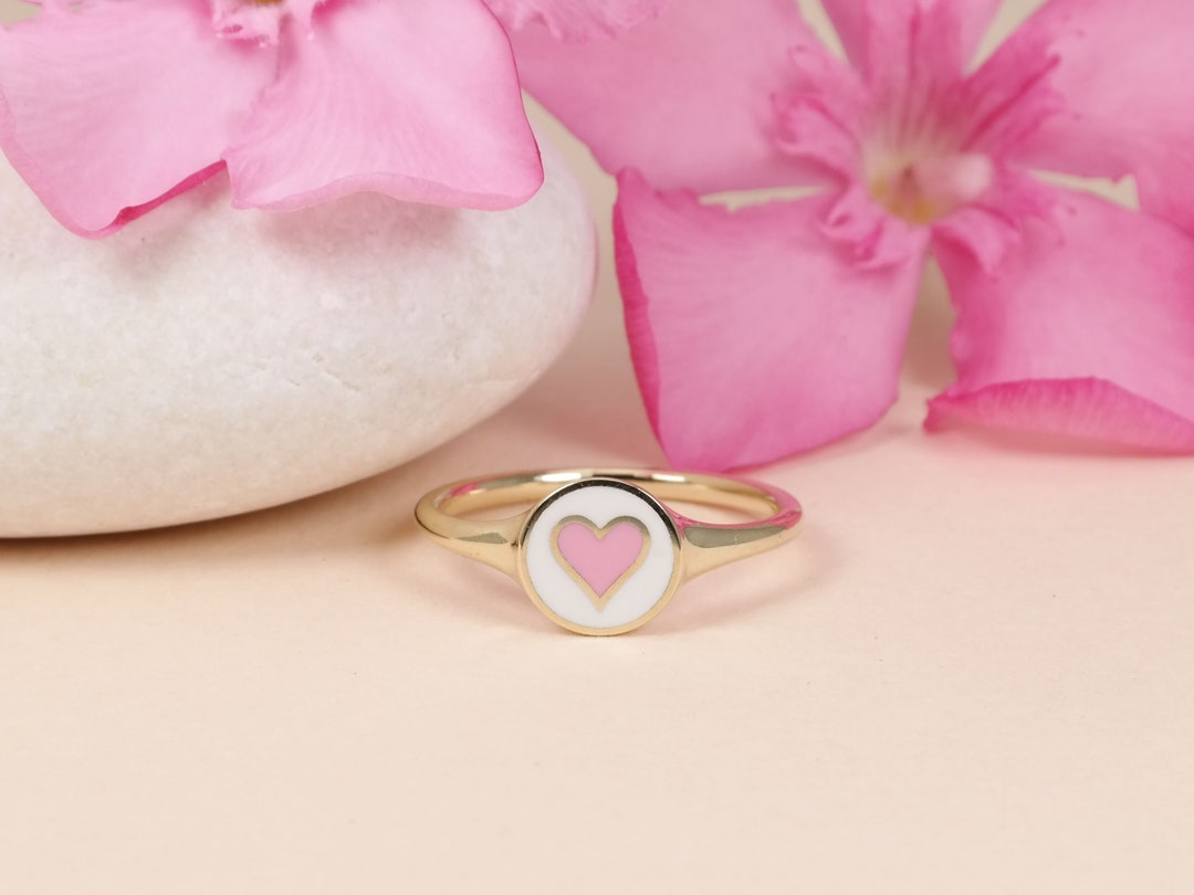 Heart Solid Gold, 9k, 14k, 18k, White, Pink, Enamel Ring, Pinky Signet ...