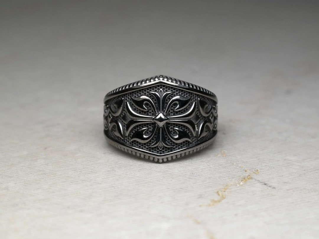 Black Rhodium Plated Gothic Cross Ring, Knight Style Unisex Band, Medieval Jewelry Accessories ...