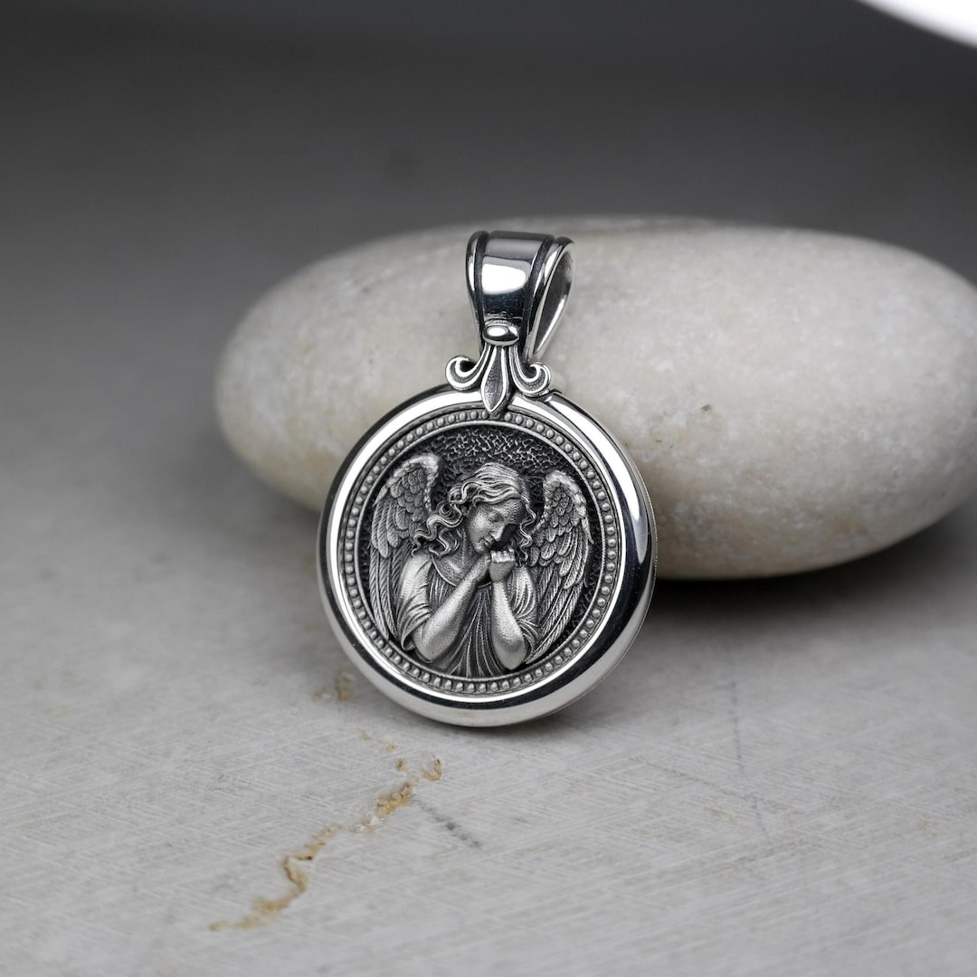 Praying Angel Guardian Pendant With Silver and Bronze Icon, Neck Chain ...