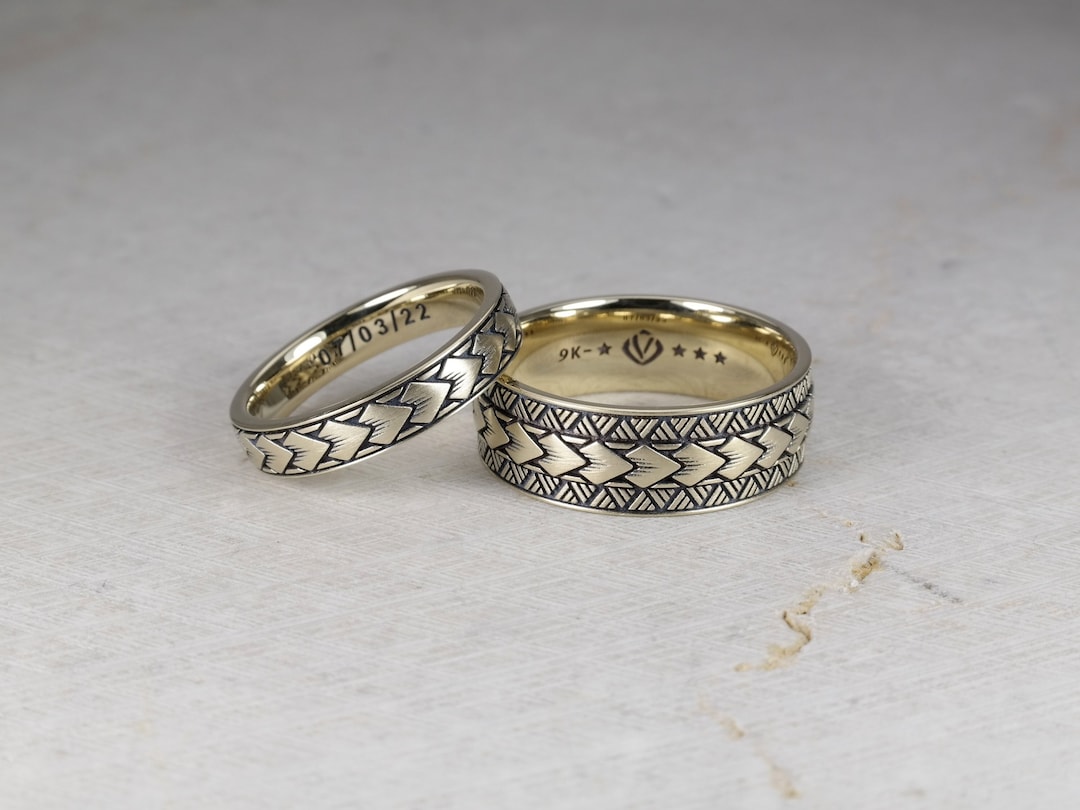 Samoan Arrow Pattern Wedding Band Ring, 9K Yellow Solid Gold With Black ...