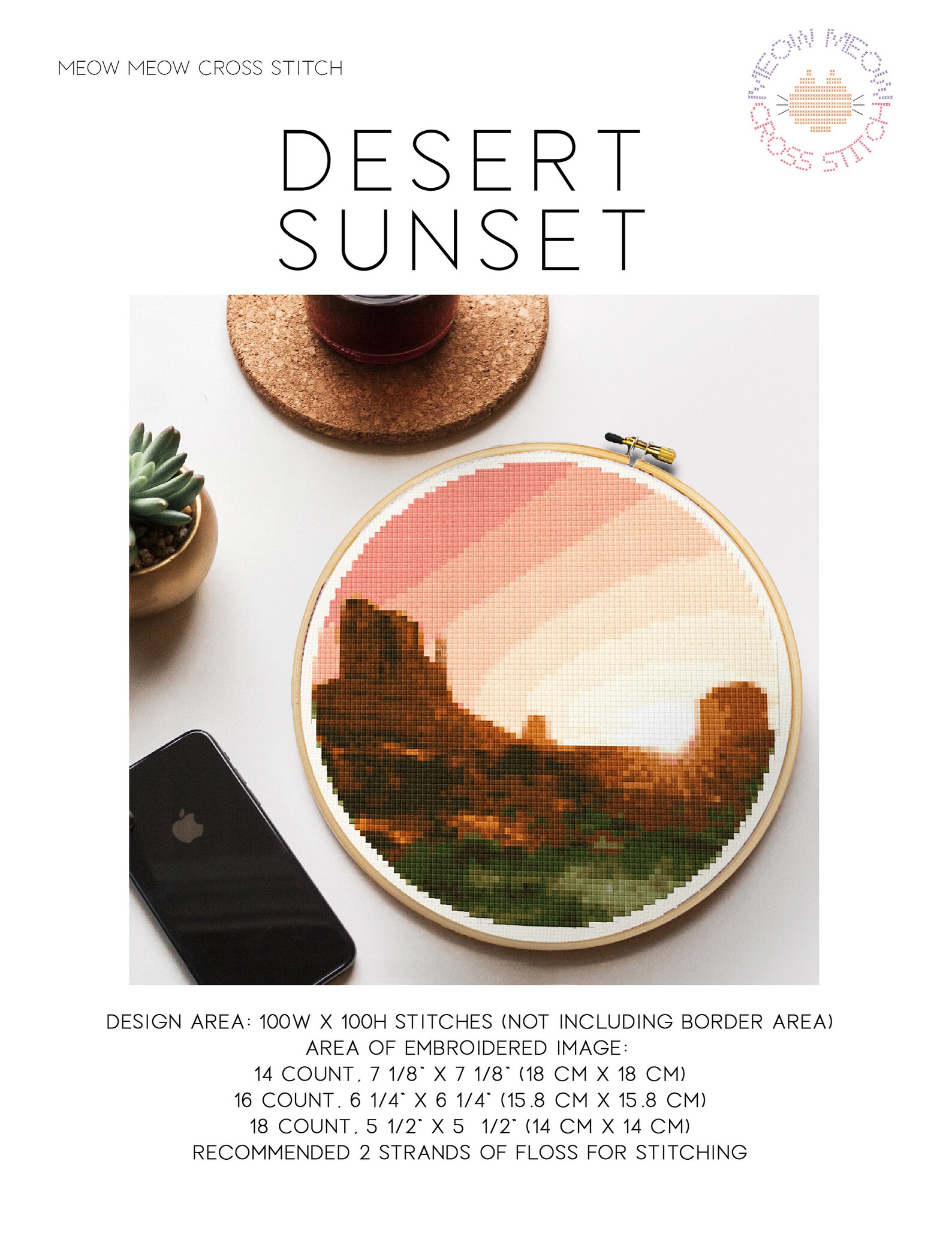Desert Sunset Cross Stitch Pattern | Desert Circle Nature Cross Stitch ...