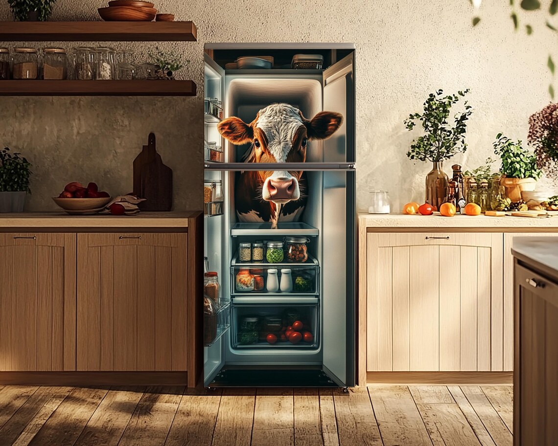 Funny Cow Fridge Vinyl Decal: Realistic Animal Refrigerator Wrap ...