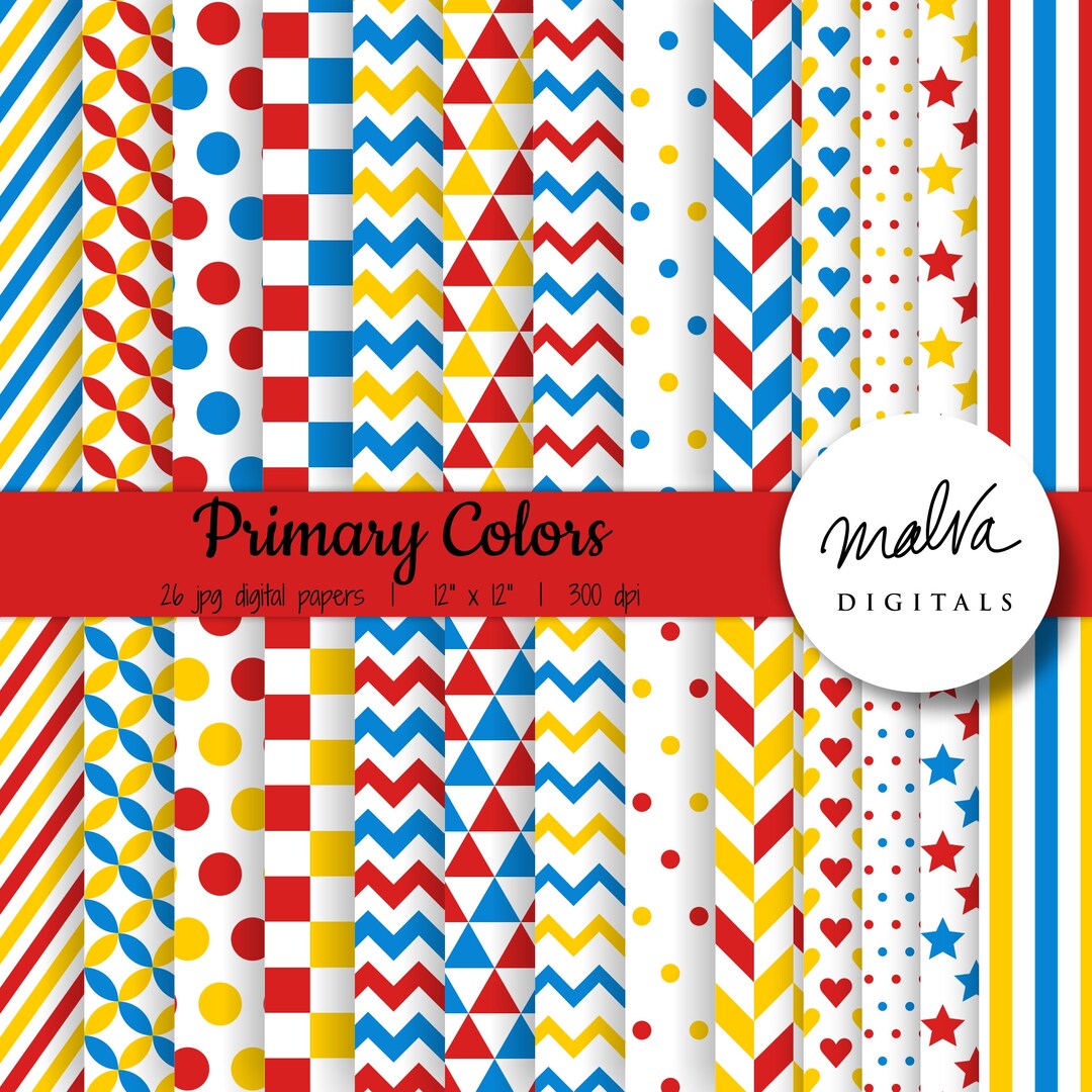 Primary Colors Digital Paper, Red Blue Yellow Scrapbook Paper ...