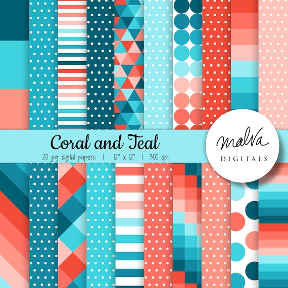 Coral and Teal Digital Paper Pack Turquoise Digital - Etsy
