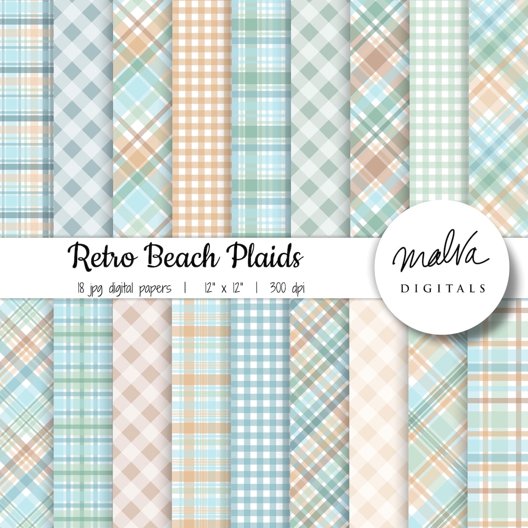 Retro Beach Plaids Digital Paper Pack, Ocean Plaids Digital Background ...