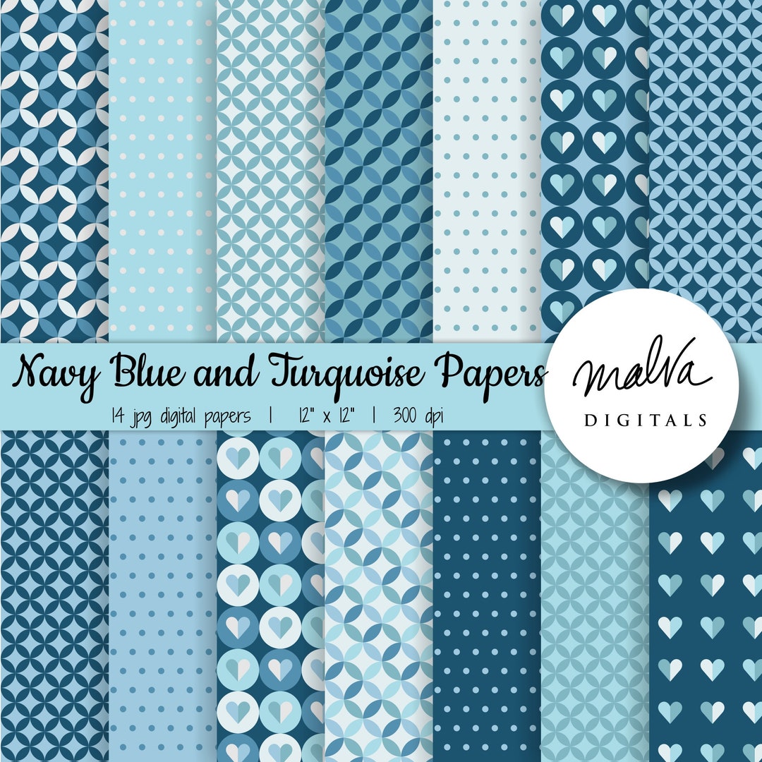 Blue and Turquoise Digital Paper Pack, Heart Digital Scrapbook Paper ...