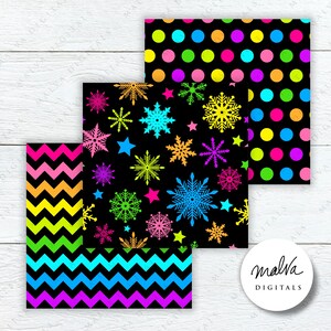 Neon Christmas Digital Paper Pack, Bright Colors Black Background ...
