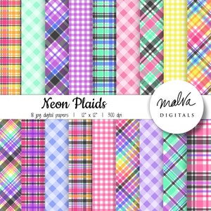 Bright Neon Plaids Digital Paper Pack, Bright Rainbow Plaids Printable ...