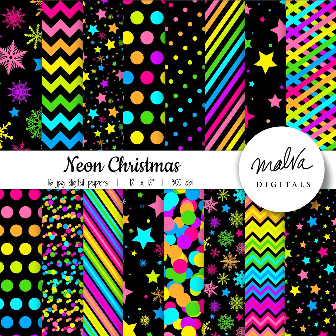 Neon Christmas Digital Paper Pack, Bright Colors Black Background ...