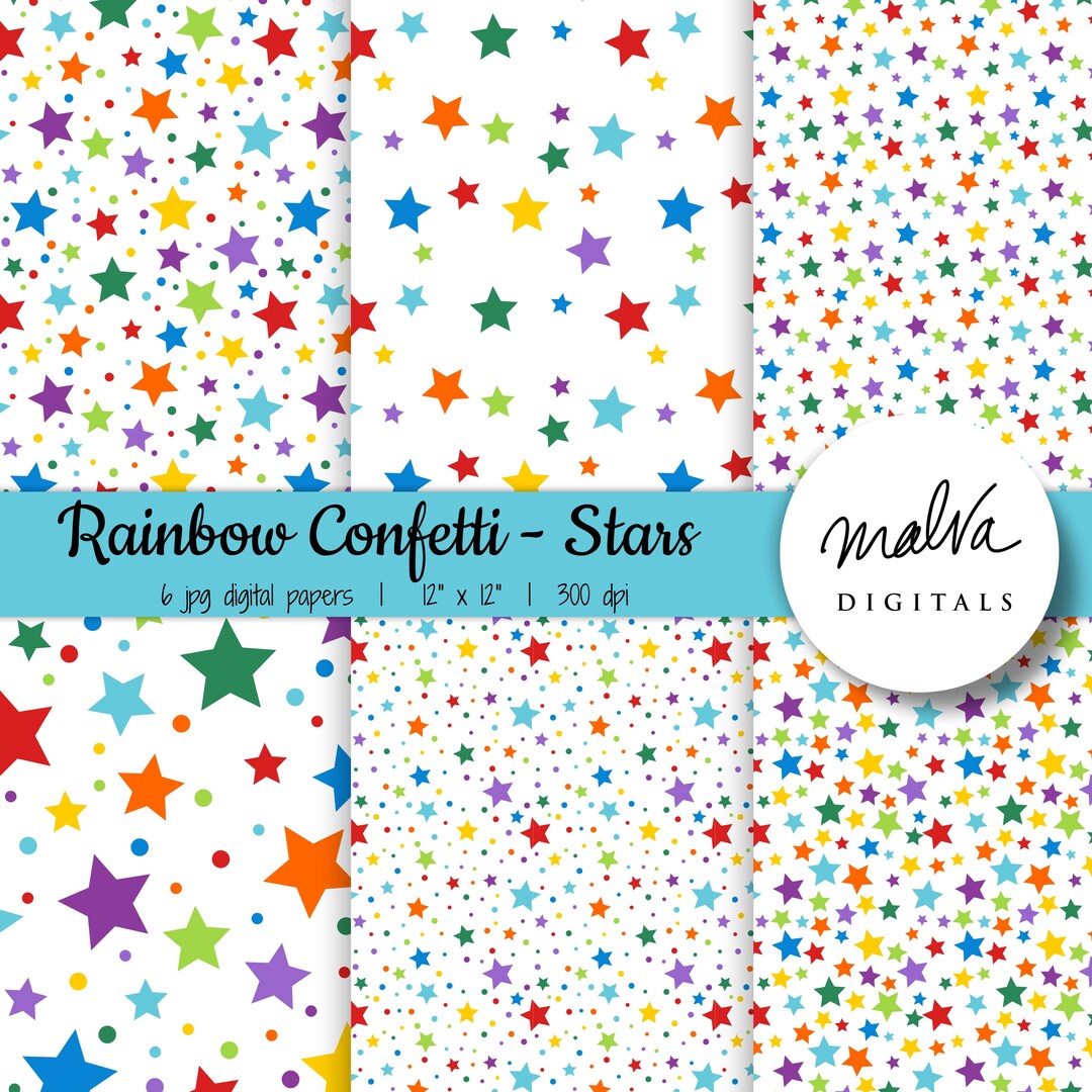 Confetti Stars Digital Paper Pack, Colorful Rainbow Confetti, Rainbow ...
