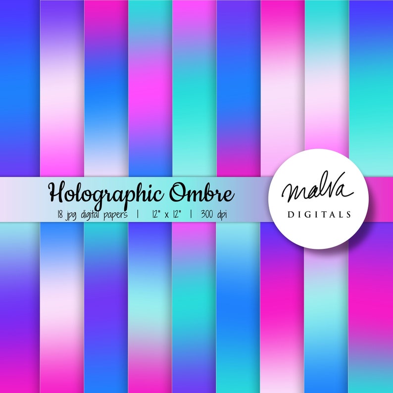 Holographic Gradient Digital Paper Pack, Digital Background, Neon Ombre ...