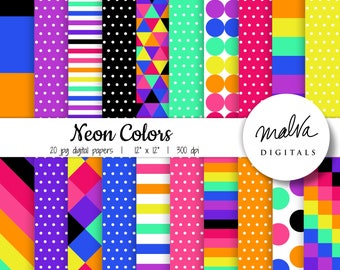Neon Colors Digital Paper Pack Bright Colors With Black | Etsy