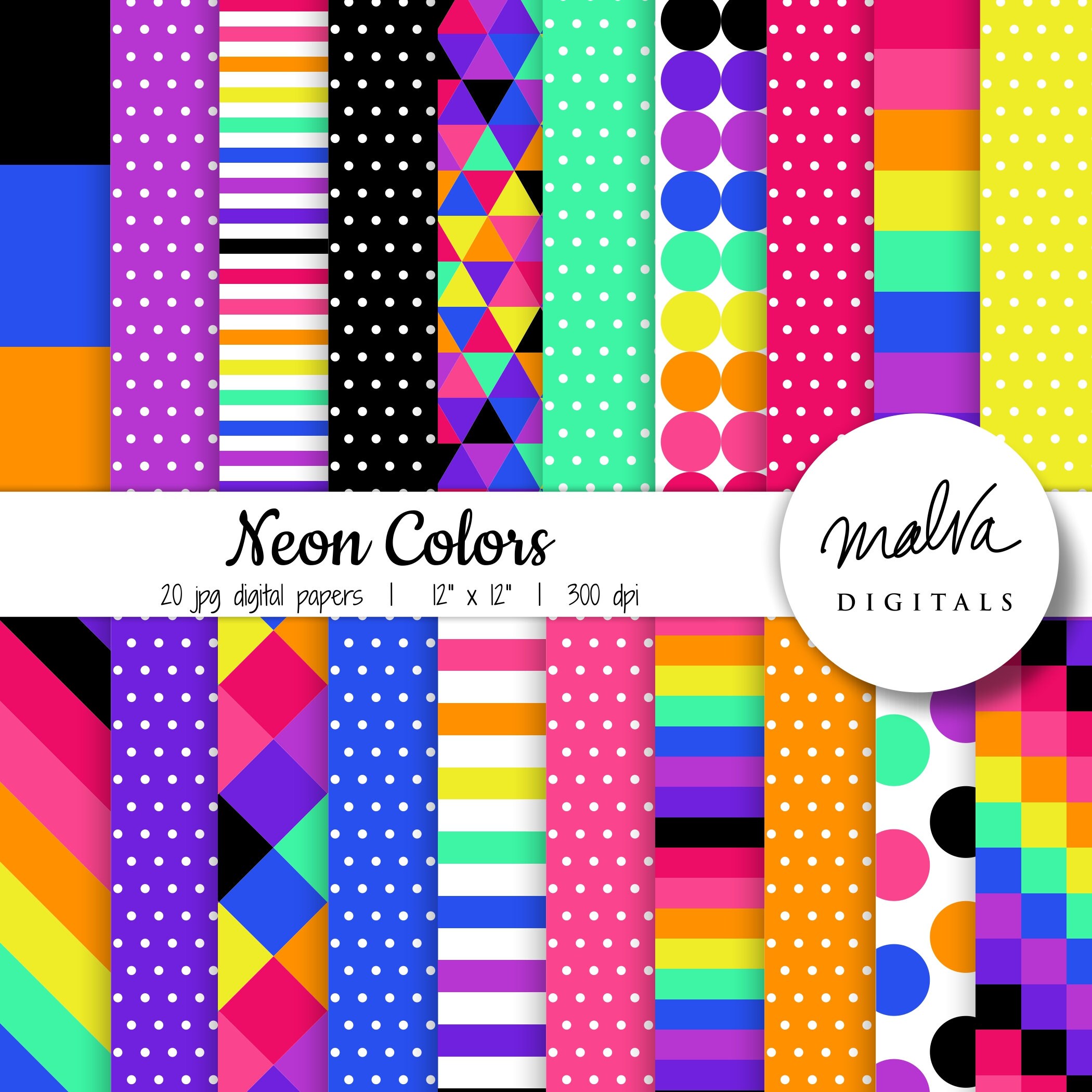 Neon Colors Digital Paper Pack, Bright Colors With Black, Digital ...
