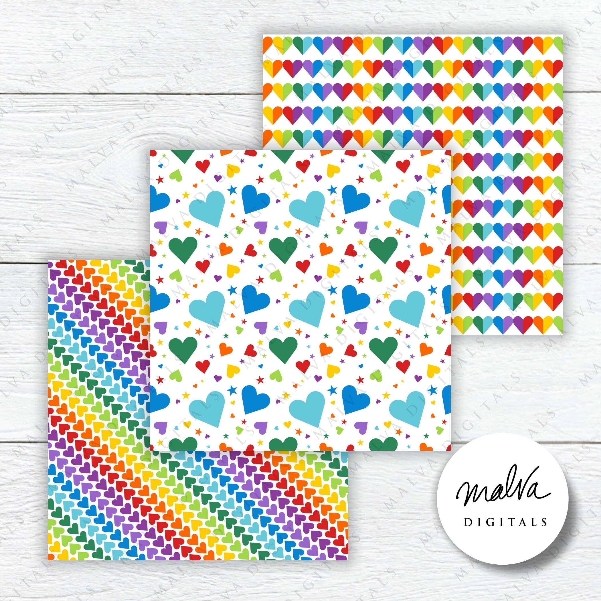 Rainbow Hearts Digital Paper Pack, Colorful Hearts Digital Scrapbook ...