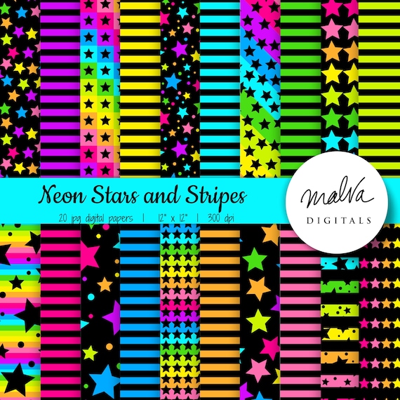 Neon Stars and Stripes Digital Paper Pack Bright Colors - Etsy