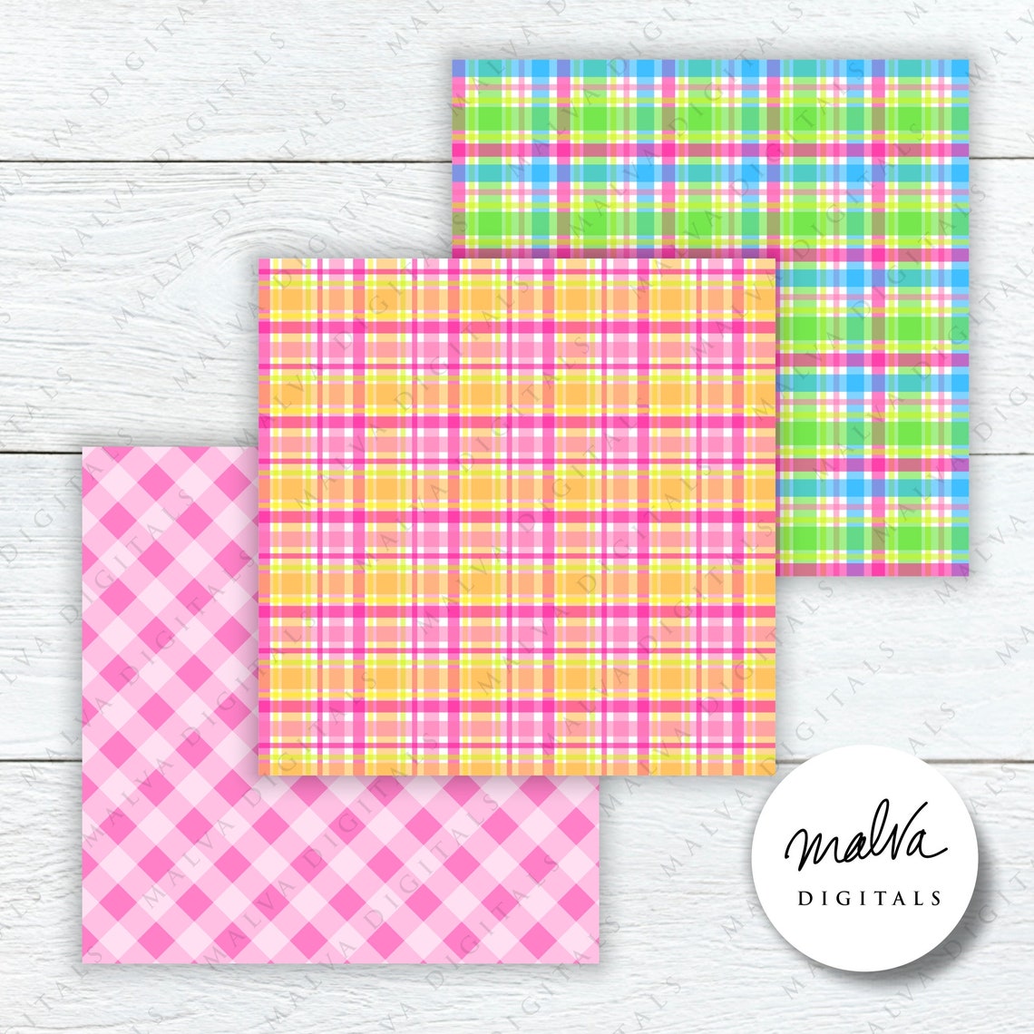 Neon Plaids Digital Paper Pack, Bright Rainbow Plaids Background ...