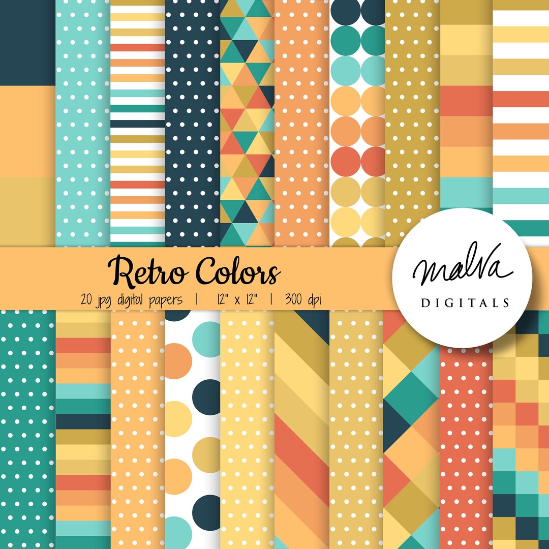 Retro Colors Digital Paper Pack, Summer Vibes, Orange and Turquoise ...
